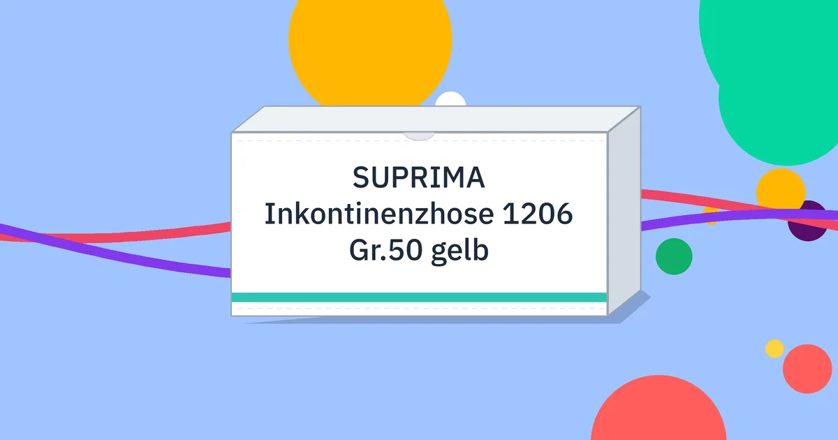 Symbolbild: Packung mit der Aufschrift SUPRIMA Inkontinenzhose 1206 Gr.50 gelb (PZN 01514936) – Verfügbarkeit und Bezug in Apotheken in Frankfurt am Main