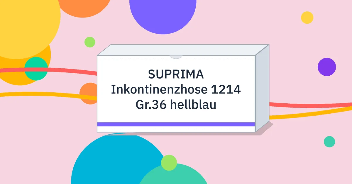 Symbolbild: Packung mit der Aufschrift SUPRIMA Inkontinenzhose 1214 Gr.36 hellblau (PZN 03027318) – Verfügbarkeit und Bezug in Apotheken in Frankfurt am Main