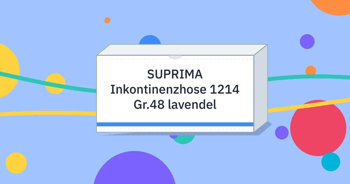 Symbolbild: Packung mit der Aufschrift SUPRIMA Inkontinenzhose 1214 Gr.48 lavendel (PZN 02852339) – Verfügbarkeit und Bezug in Apotheken in Frankfurt am Main