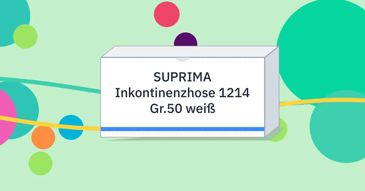 Symbolbild: Packung mit der Aufschrift SUPRIMA Inkontinenzhose 1214 Gr.50 weiß (PZN 02852569) – Verfügbarkeit und Bezug in Apotheken in Frankfurt am Main
