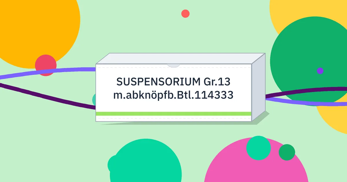 Symbolbild: Packung mit der Aufschrift SUSPENSORIUM Gr.13 m.abknöpfb.Btl.114333 (PZN 03230781) – Verfügbarkeit und Bezug in Apotheken in Frankfurt am Main