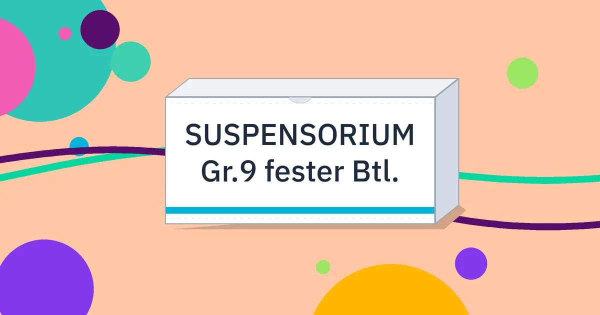 Symbolbild: Packung mit der Aufschrift SUSPENSORIUM Gr.9 fester Btl. (PZN 04865659) – Verfügbarkeit und Bezug in Apotheken in Frankfurt am Main