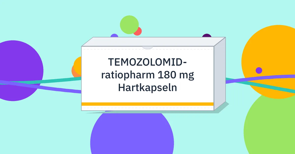 Symbolbild: Packung mit der Aufschrift TEMOZOLOMID-ratiopharm 180 mg Hartkapseln (PZN 05884676) – Verfügbarkeit und Bezug in Apotheken in Frankfurt am Main