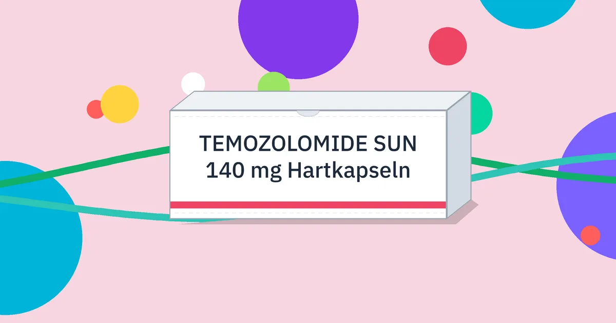 Symbolbild: Packung mit der Aufschrift TEMOZOLOMIDE SUN 140 mg Hartkapseln (PZN 19705157) – Verfügbarkeit und Bezug in Apotheken in Frankfurt am Main