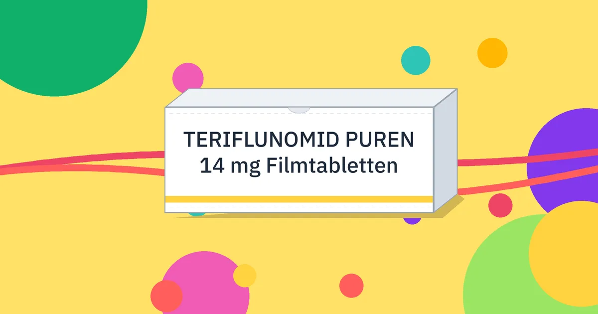 Symbolbild: Packung mit der Aufschrift TERIFLUNOMID PUREN 14 mg Filmtabletten (PZN 19557544) – Verfügbarkeit und Bezug in Apotheken in Frankfurt am Main