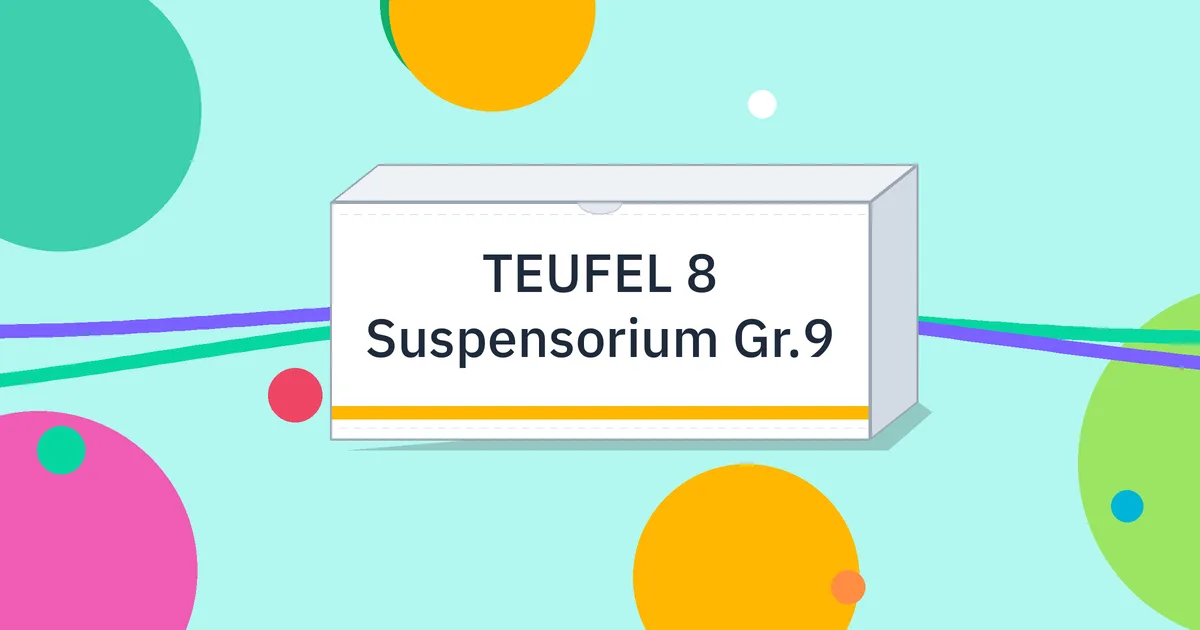 Symbolbild: Packung mit der Aufschrift TEUFEL 8 Suspensorium Gr.9 (PZN 02299397) – Verfügbarkeit und Bezug in Apotheken in Frankfurt am Main