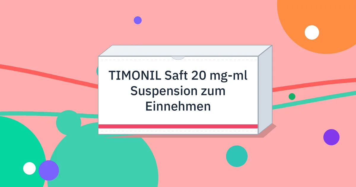 Symbolbild: Packung mit der Aufschrift TIMONIL Saft 20 mg-ml Suspension zum Einnehmen (PZN 04897151) – Verfügbarkeit und Bezug in Apotheken in Frankfurt am Main