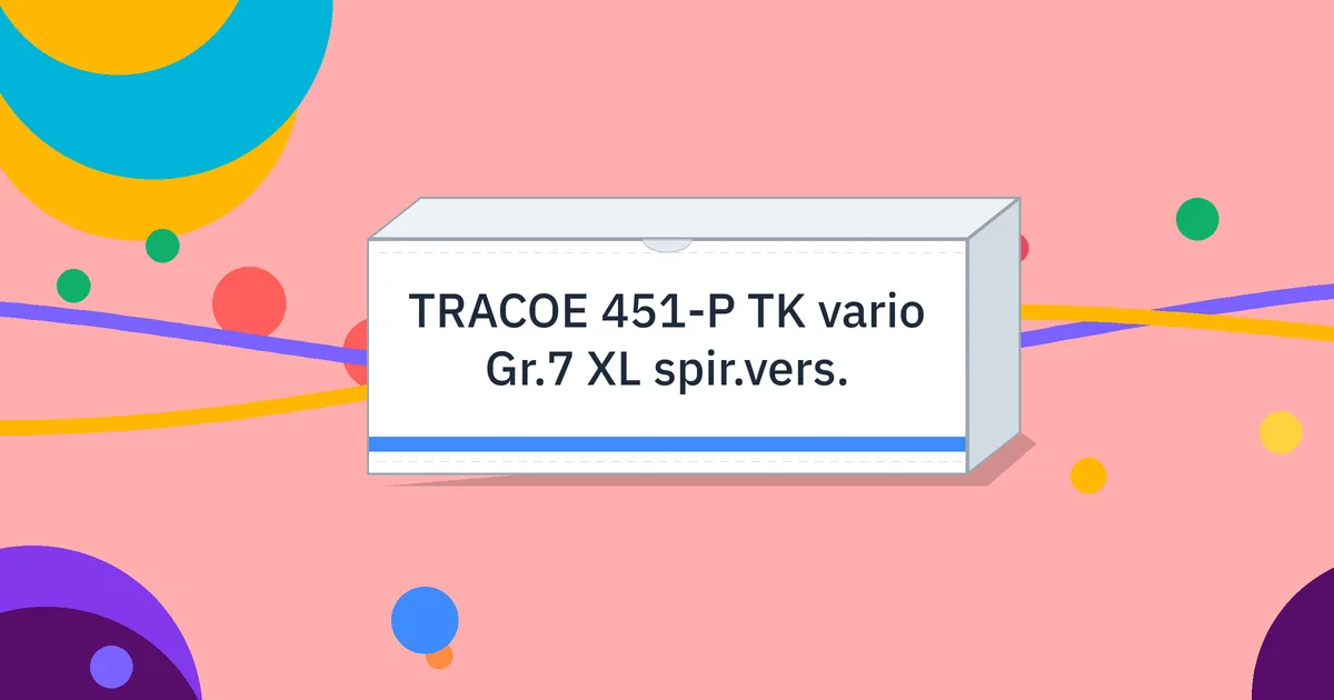 Symbolbild: Packung mit der Aufschrift TRACOE 451-P TK vario Gr.7 XL spir.vers. (PZN 06939646) – Verfügbarkeit und Bezug in Apotheken in Frankfurt am Main