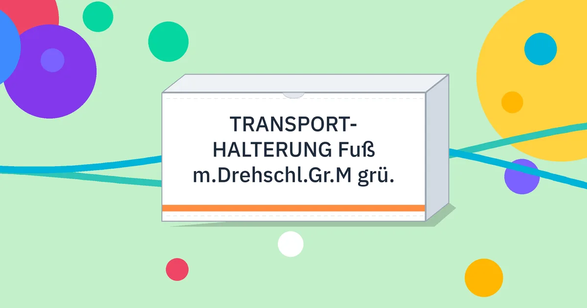 Symbolbild: Packung mit der Aufschrift TRANSPORT-HALTERUNG Fuß m.Drehschl.Gr.M grü. (PZN 17280038) – Verfügbarkeit und Bezug in Apotheken in Frankfurt am Main