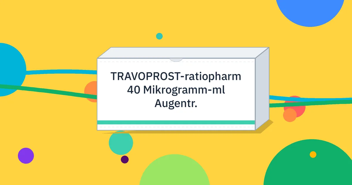 Symbolbild: Packung mit der Aufschrift TRAVOPROST-ratiopharm 40 Mikrogramm-ml Augentr. (PZN 10402828) – Verfügbarkeit und Bezug in Apotheken in Frankfurt am Main