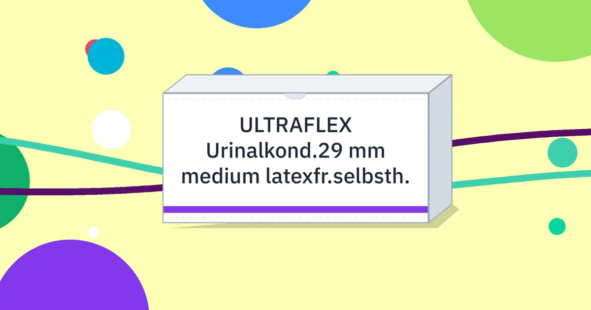 Symbolbild: Packung mit der Aufschrift ULTRAFLEX Urinalkond.29 mm medium latexfr.selbsth. (PZN 13847117) – Verfügbarkeit und Bezug in Apotheken in Frankfurt am Main