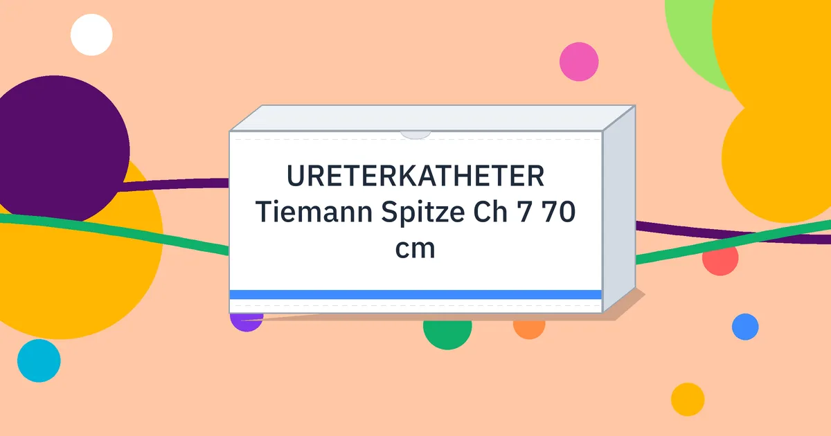 Symbolbild: Packung mit der Aufschrift URETERKATHETER Tiemann Spitze Ch 7 70 cm (PZN 00446316) – Verfügbarkeit und Bezug in Apotheken in Frankfurt am Main