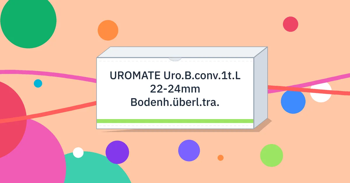 Symbolbild: Packung mit der Aufschrift UROMATE Uro.B.conv.1t.L 22-24mm Bodenh.überl.tra. (PZN 09713486) – Verfügbarkeit und Bezug in Apotheken in Frankfurt am Main