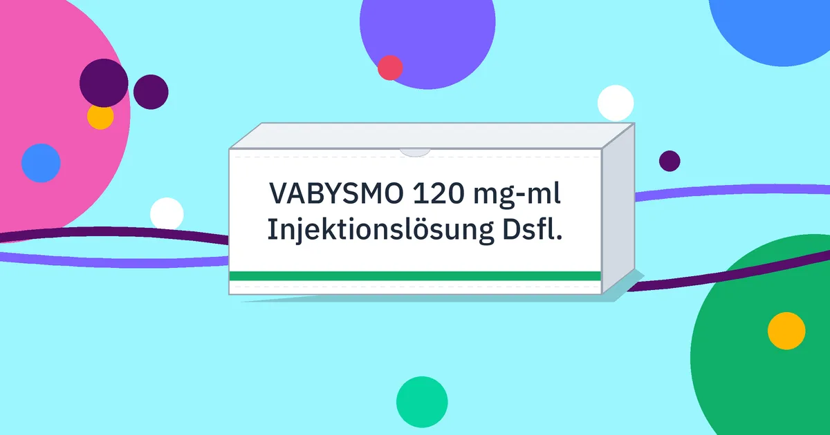 Symbolbild: Packung mit der Aufschrift VABYSMO 120 mg-ml Injektionslösung Dsfl. (PZN 19063351) – Verfügbarkeit und Bezug in Apotheken in Frankfurt am Main