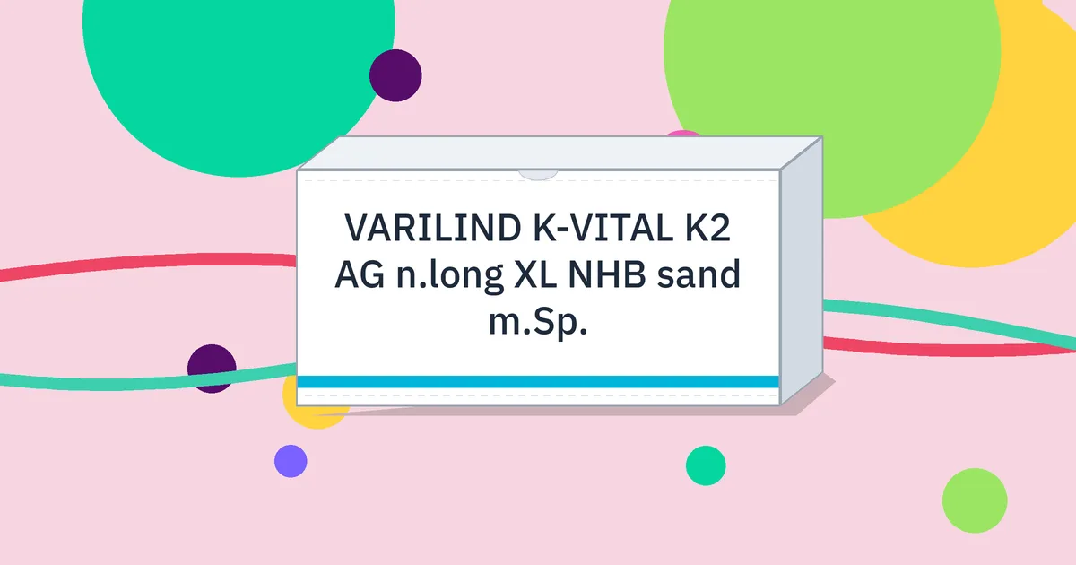 Symbolbild: Packung mit der Aufschrift VARILIND K-VITAL K2 AG n.long XL NHB sand m.Sp. (PZN 20564288) – Verfügbarkeit und Bezug in Apotheken in Frankfurt am Main