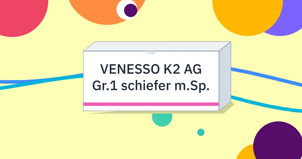 Symbolbild: Packung mit der Aufschrift VENESSO K2 AG Gr.1 schiefer m.Sp. (PZN 03276091) – Verfügbarkeit und Bezug in Apotheken in Frankfurt am Main