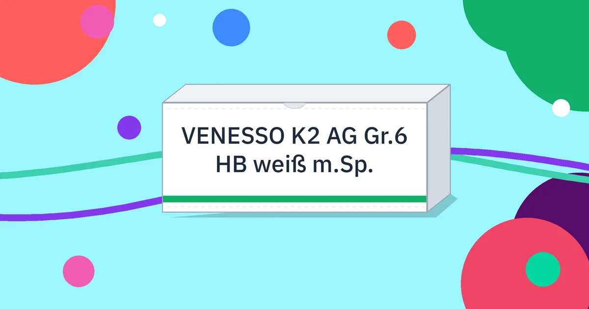 Symbolbild: Packung mit der Aufschrift VENESSO K2 AG Gr.6 HB weiß m.Sp. (PZN 03264685) – Verfügbarkeit und Bezug in Apotheken in Frankfurt am Main