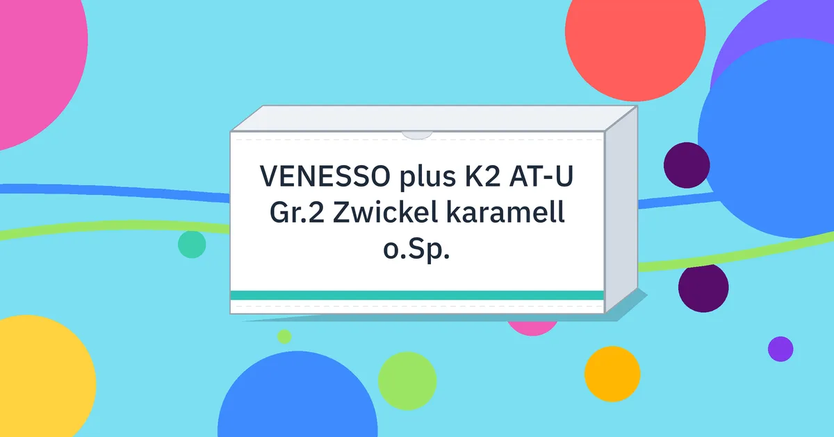 Symbolbild: Packung mit der Aufschrift VENESSO plus K2 AT-U Gr.2 Zwickel karamell o.Sp. (PZN 13759904) – Verfügbarkeit und Bezug in Apotheken in Frankfurt am Main