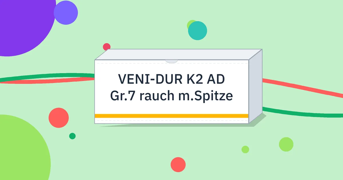 Symbolbild: Packung mit der Aufschrift VENI-DUR K2 AD Gr.7 rauch m.Spitze (PZN 03243080) – Verfügbarkeit und Bezug in Apotheken in Frankfurt am Main