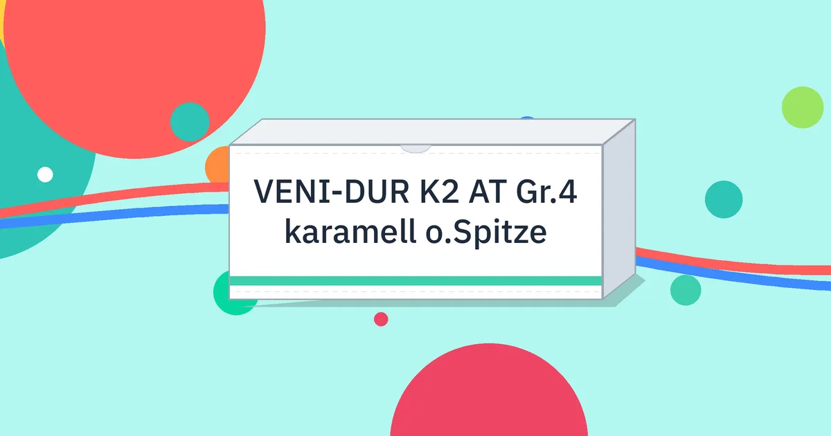 Symbolbild: Packung mit der Aufschrift VENI-DUR K2 AT Gr.4 karamell o.Spitze (PZN 13757058) – Verfügbarkeit und Bezug in Apotheken in Frankfurt am Main