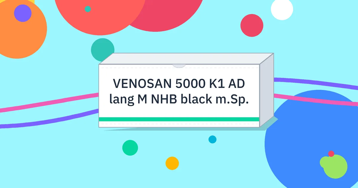 Symbolbild: Packung mit der Aufschrift VENOSAN 5000 K1 AD lang M NHB black m.Sp. (PZN 14432631) – Verfügbarkeit und Bezug in Apotheken in Frankfurt am Main