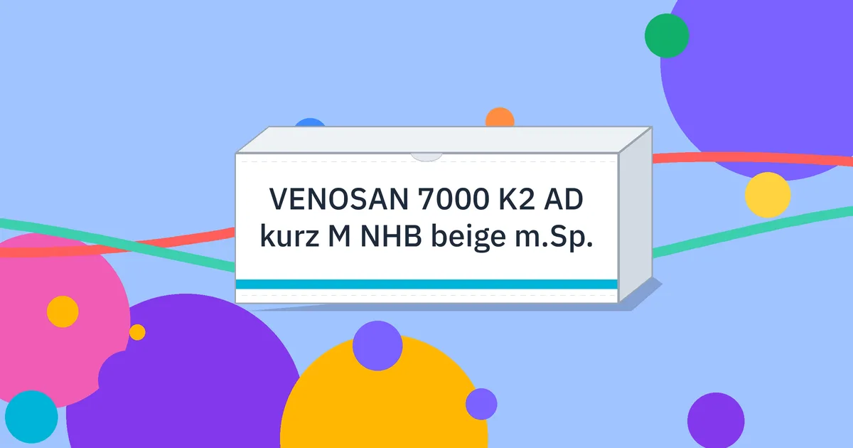 Symbolbild: Packung mit der Aufschrift VENOSAN 7000 K2 AD kurz M NHB beige m.Sp. (PZN 14434498) – Verfügbarkeit und Bezug in Apotheken in Frankfurt am Main