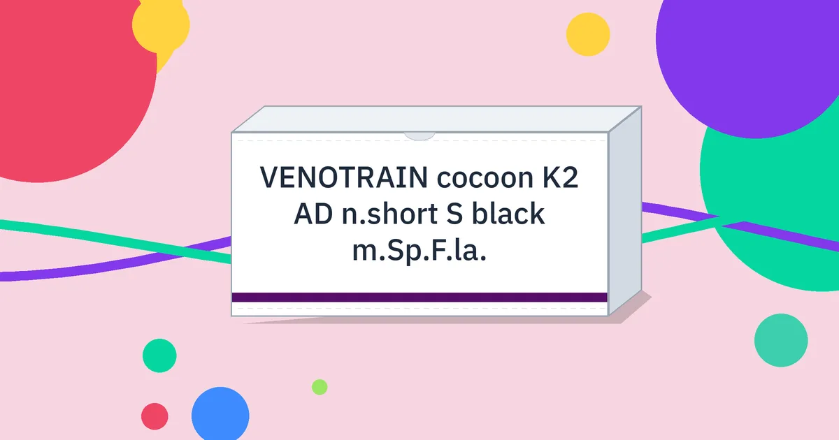 Symbolbild: Packung mit der Aufschrift VENOTRAIN cocoon K2 AD n.short S black m.Sp.F.la. (PZN 14401843) – Verfügbarkeit und Bezug in Apotheken in Frankfurt am Main