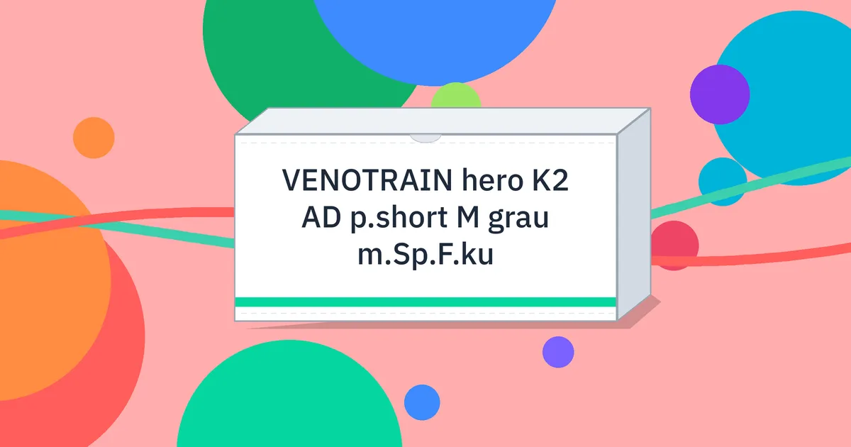 Symbolbild: Packung mit der Aufschrift VENOTRAIN hero K2 AD p.short M grau m.Sp.F.ku (PZN 19190291) – Verfügbarkeit und Bezug in Apotheken in Frankfurt am Main
