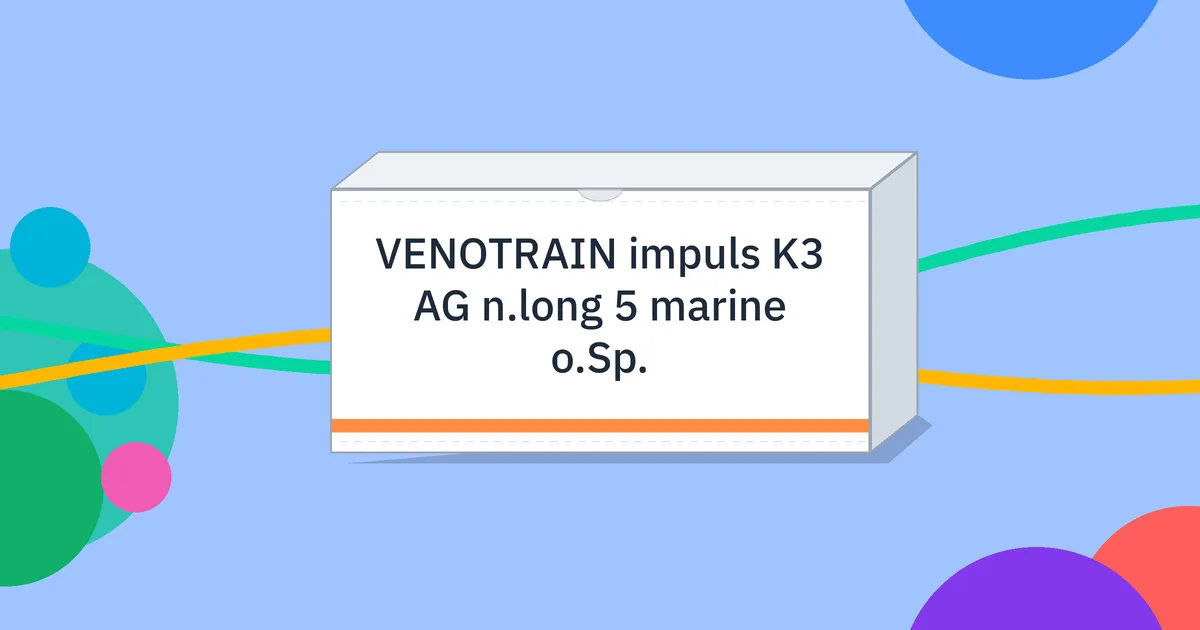Symbolbild: Packung mit der Aufschrift VENOTRAIN impuls K3 AG n.long 5 marine o.Sp. (PZN 15213256) – Verfügbarkeit und Bezug in Apotheken in Frankfurt am Main