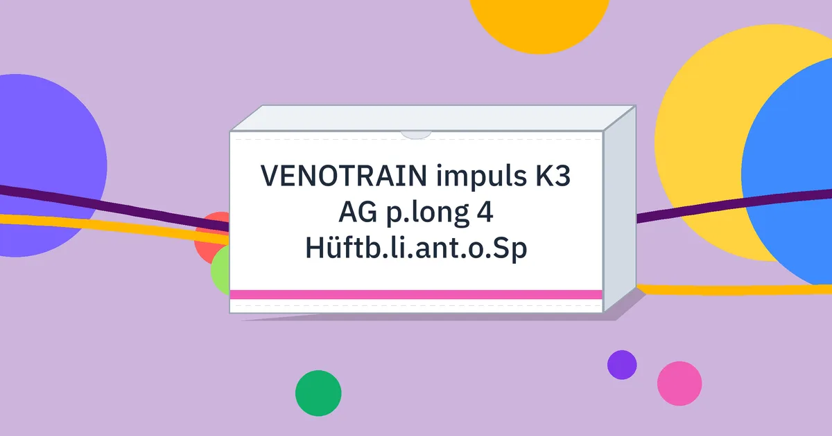 Symbolbild: Packung mit der Aufschrift VENOTRAIN impuls K3 AG p.long 4 Hüftb.li.ant.o.Sp (PZN 15221008) – Verfügbarkeit und Bezug in Apotheken in Frankfurt am Main