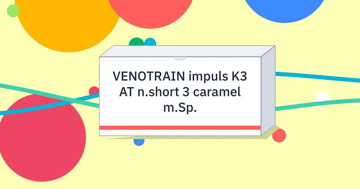 Symbolbild: Packung mit der Aufschrift VENOTRAIN impuls K3 AT n.short 3 caramel m.Sp. (PZN 19354893) – Verfügbarkeit und Bezug in Apotheken in Frankfurt am Main