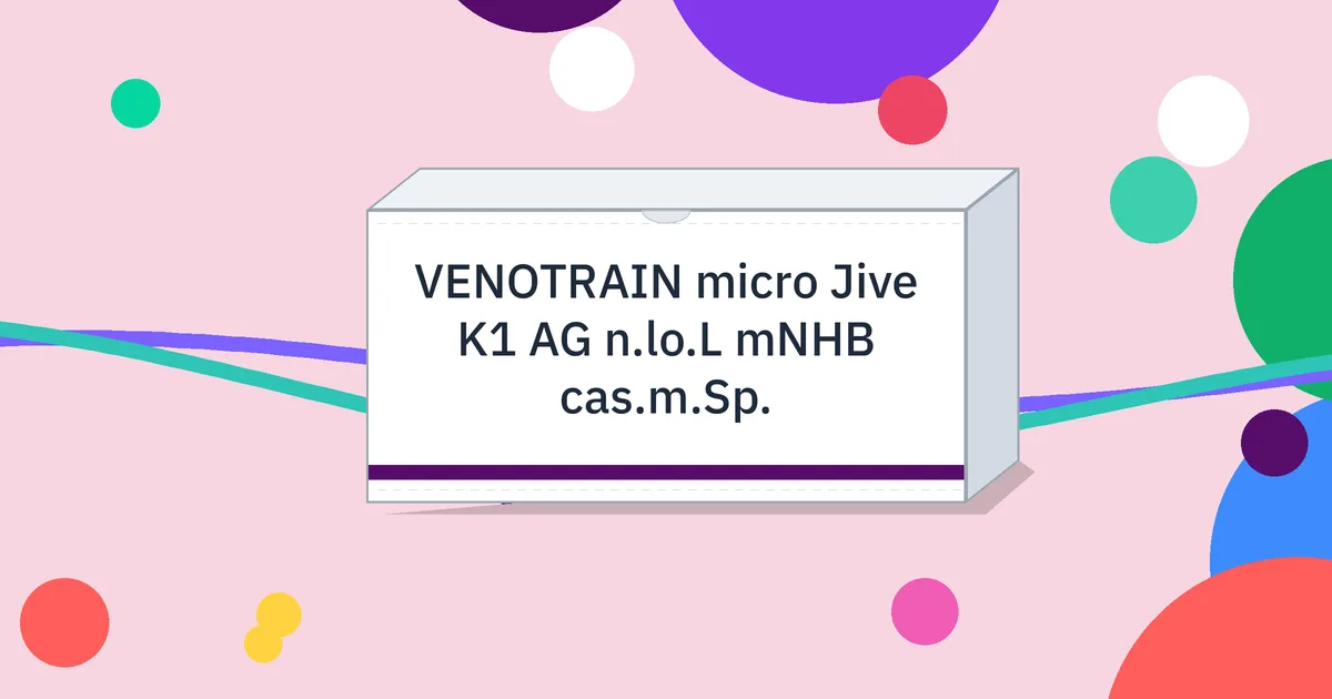 Symbolbild: Packung mit der Aufschrift VENOTRAIN micro Jive K1 AG n.lo.L mNHB cas.m.Sp. (PZN 20766336) – Verfügbarkeit und Bezug in Apotheken in Frankfurt am Main
