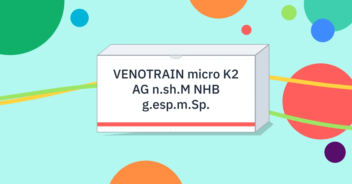 Symbolbild: Packung mit der Aufschrift VENOTRAIN micro K2 AG n.sh.M NHB g.esp.m.Sp. (PZN 06050387) – Verfügbarkeit und Bezug in Apotheken in Frankfurt am Main