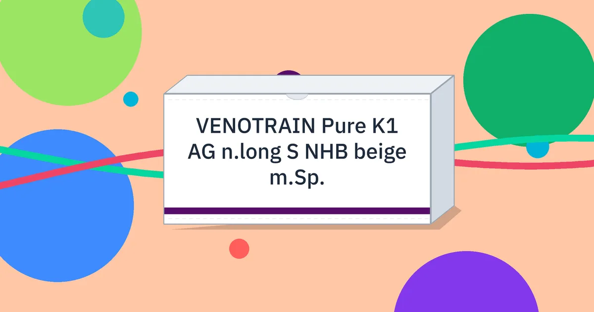 Symbolbild: Packung mit der Aufschrift VENOTRAIN Pure K1 AG n.long S NHB beige m.Sp. (PZN 18142456) – Verfügbarkeit und Bezug in Apotheken in Frankfurt am Main