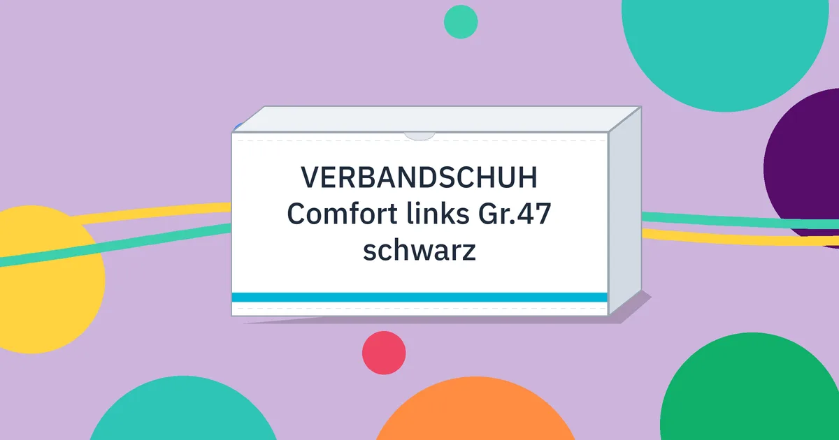 Symbolbild: Packung mit der Aufschrift VERBANDSCHUH Comfort links Gr.47 schwarz (PZN 17842720) – Verfügbarkeit und Bezug in Apotheken in Frankfurt am Main
