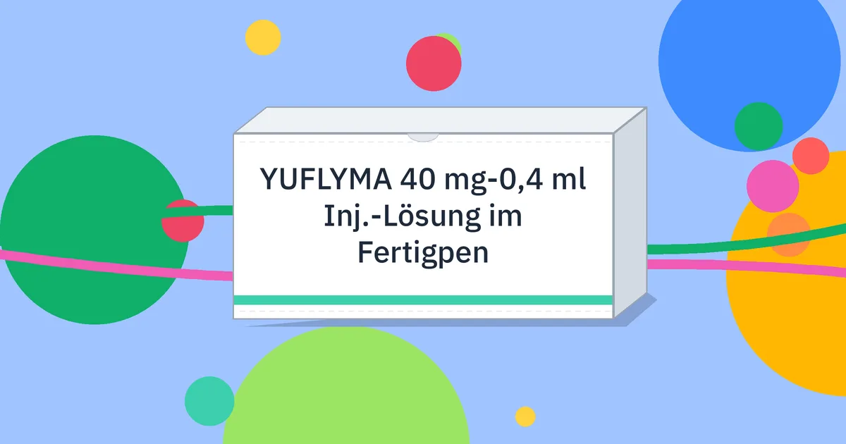 Symbolbild: Packung mit der Aufschrift YUFLYMA 40 mg-0,4 ml Inj.-Lösung im Fertigpen (PZN 18494385) – Verfügbarkeit und Bezug in Apotheken in Frankfurt am Main