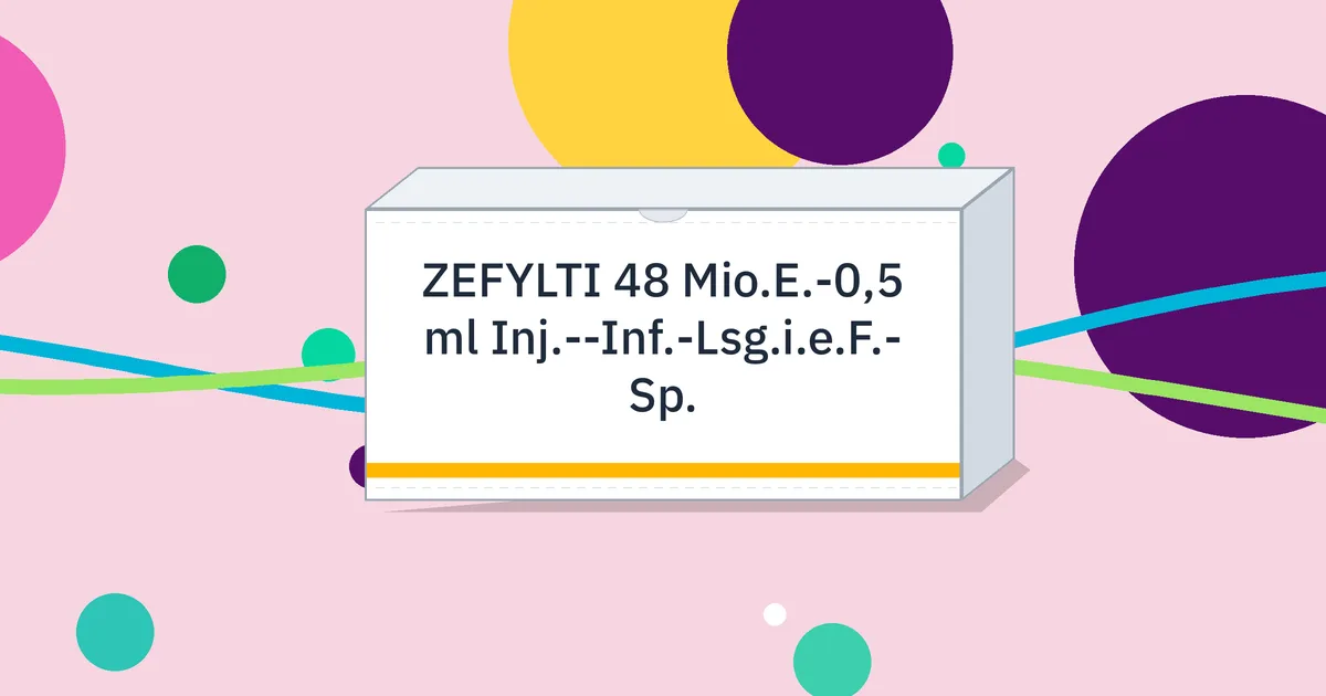 Symbolbild: Packung mit der Aufschrift ZEFYLTI 48 Mio.E.-0,5 ml Inj.--Inf.-Lsg.i.e.F.-Sp. (PZN 20391184) – Verfügbarkeit und Bezug in Apotheken in Frankfurt am Main