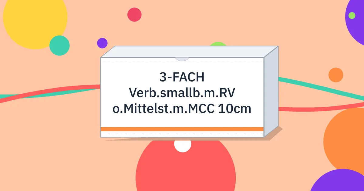 Symbolbild: Packung mit der Aufschrift 3-FACH Verb.smallb.m.RV o.Mittelst.m.MCC 10cm (PZN 18499431) – Verfügbarkeit und Bezug in Apotheken in Frankfurt am Main