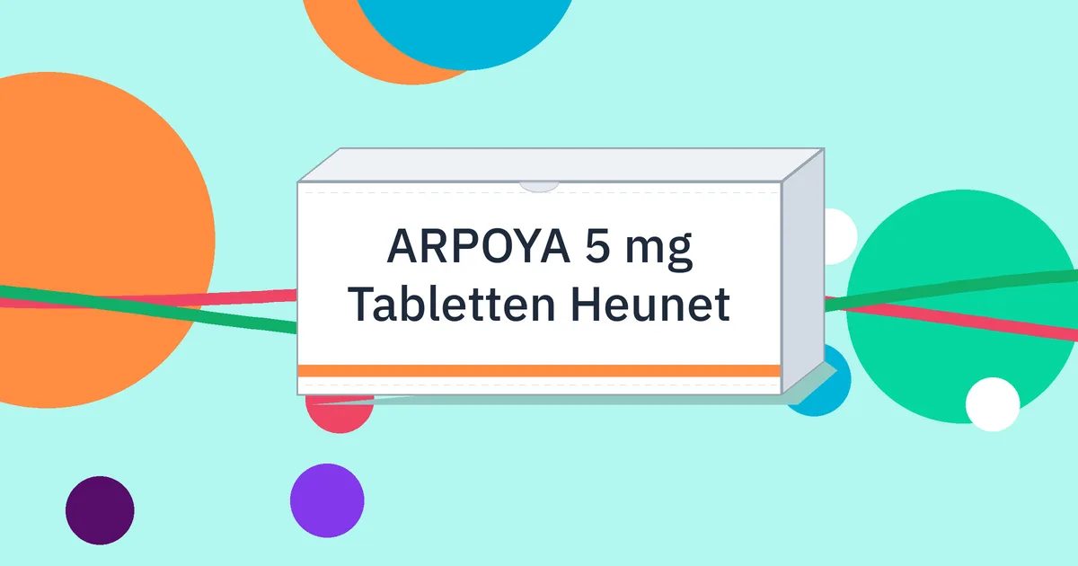 Symbolbild: Packung mit der Aufschrift ARPOYA 5 mg Tabletten Heunet (PZN 13876834) – Verfügbarkeit und Bezug in Apotheken in Frankfurt am Main