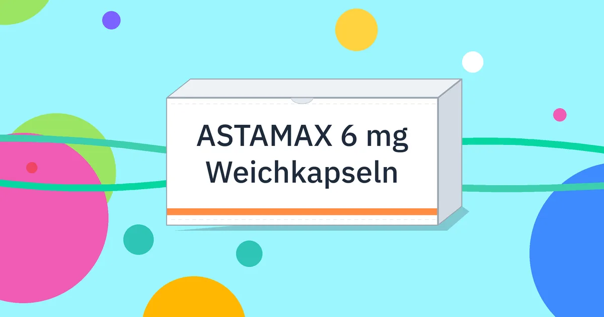 Symbolbild: Packung mit der Aufschrift ASTAMAX 6 mg Weichkapseln (PZN 17966132) – Verfügbarkeit und Bezug in Apotheken in Frankfurt am Main