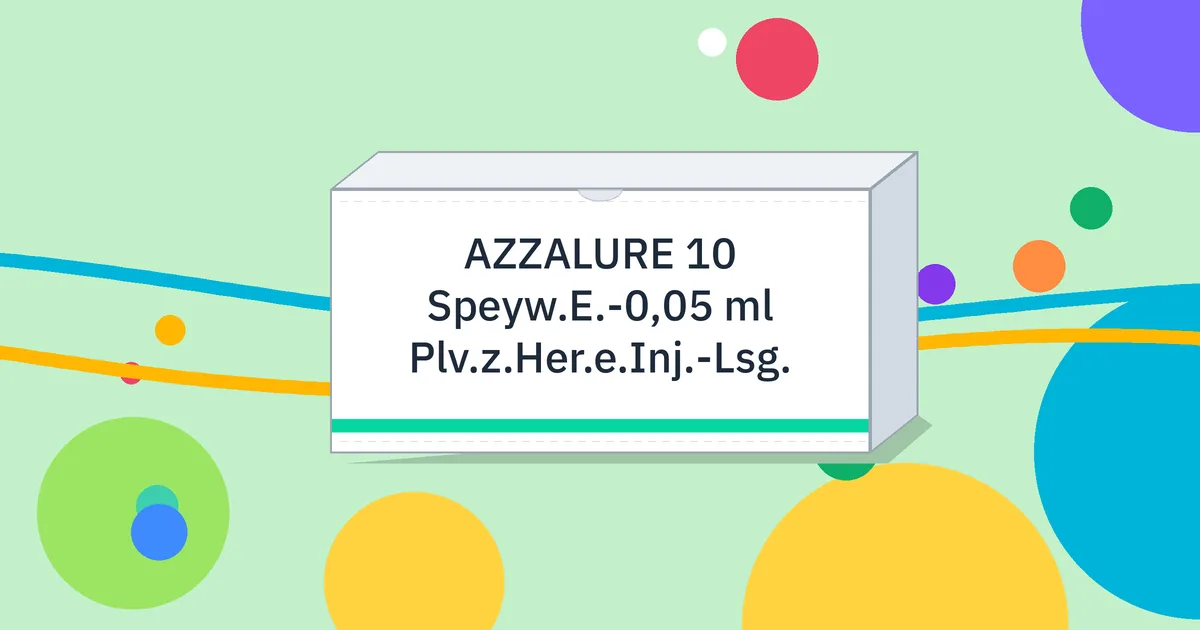 Symbolbild: Packung mit der Aufschrift AZZALURE 10 Speyw.E.-0,05 ml Plv.z.Her.e.Inj.-Lsg. (PZN 03419449) – Verfügbarkeit und Bezug in Apotheken in Frankfurt am Main