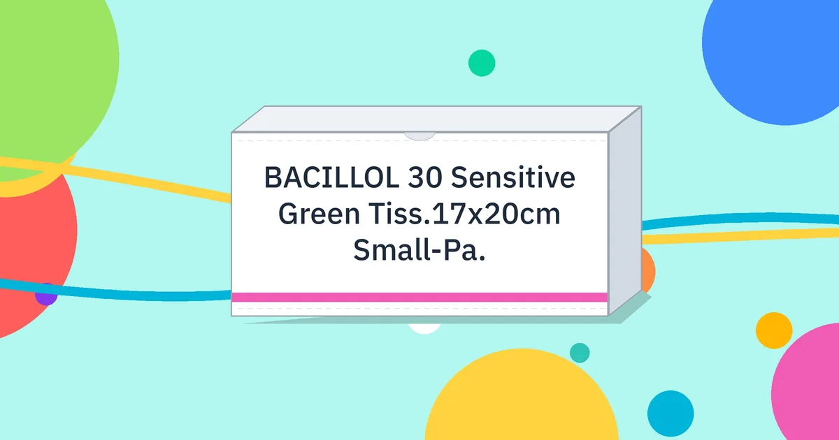 Symbolbild: Packung mit der Aufschrift BACILLOL 30 Sensitive Green Tiss.17x20cm Small-Pa. (PZN 19815839) – Verfügbarkeit und Bezug in Apotheken in Frankfurt am Main