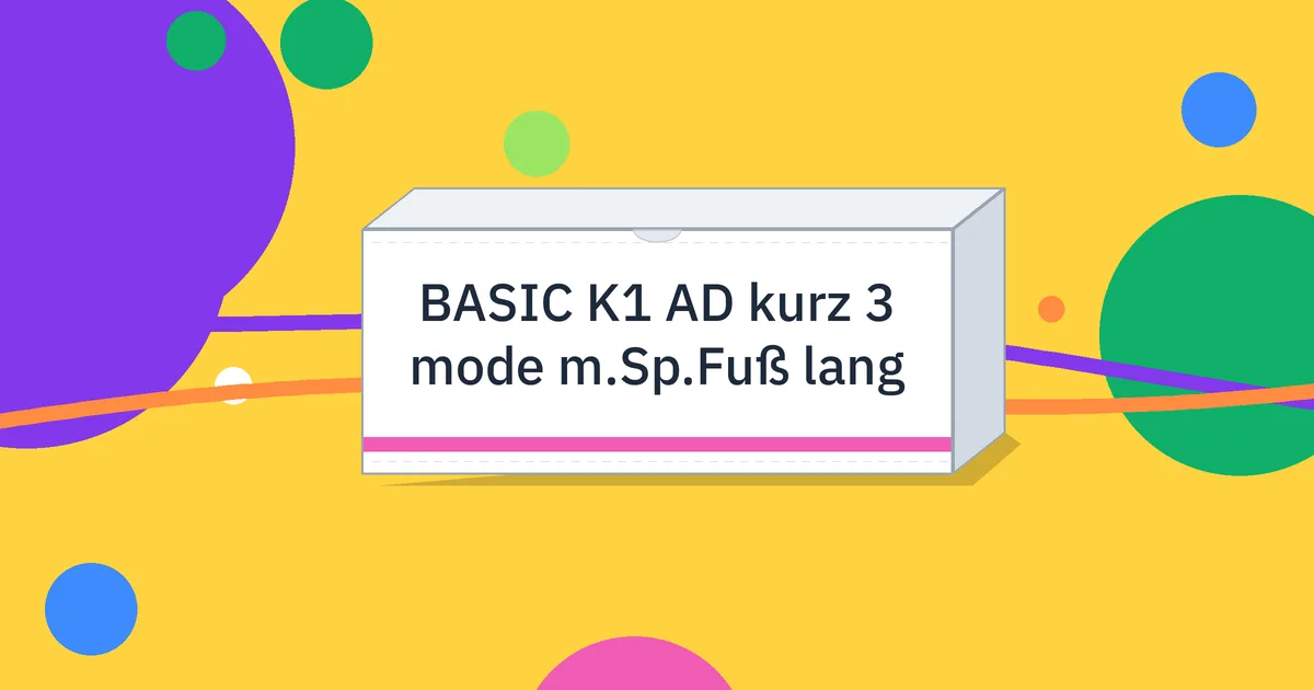 Symbolbild: Packung mit der Aufschrift BASIC K1 AD kurz 3 mode m.Sp.Fuß lang (PZN 20258060) – Verfügbarkeit und Bezug in Apotheken in Frankfurt am Main