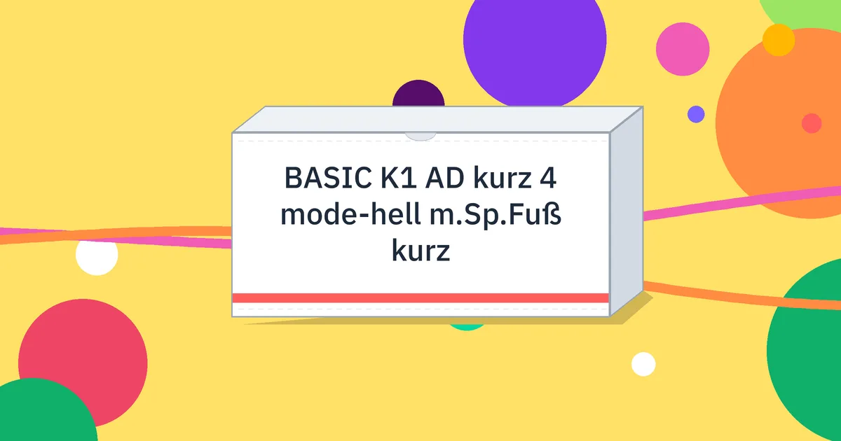 Symbolbild: Packung mit der Aufschrift BASIC K1 AD kurz 4 mode-hell m.Sp.Fuß kurz (PZN 20258350) – Verfügbarkeit und Bezug in Apotheken in Frankfurt am Main