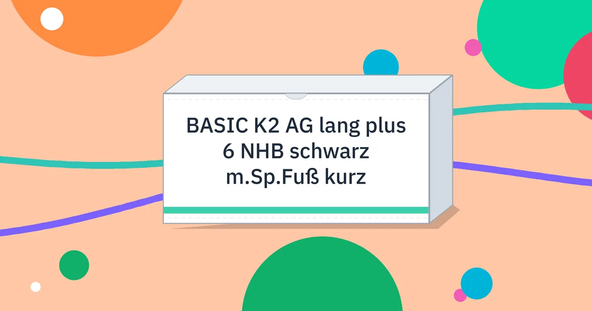 Symbolbild: Packung mit der Aufschrift BASIC K2 AG lang plus 6 NHB schwarz m.Sp.Fuß kurz (PZN 20268319) – Verfügbarkeit und Bezug in Apotheken in Frankfurt am Main