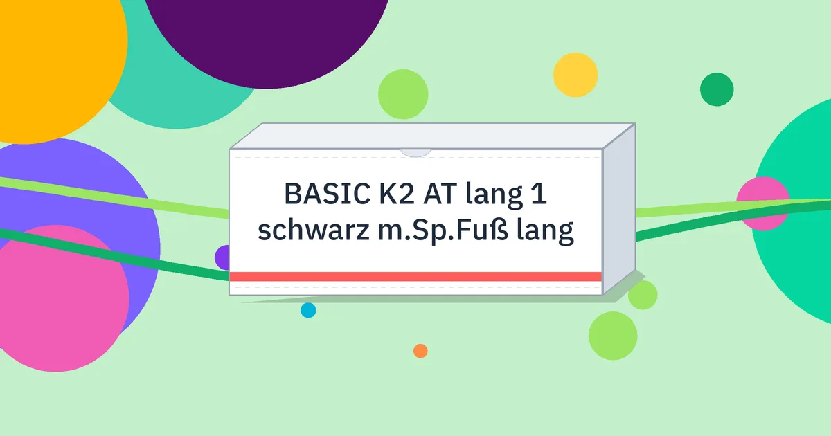 Symbolbild: Packung mit der Aufschrift BASIC K2 AT lang 1 schwarz m.Sp.Fuß lang (PZN 20268673) – Verfügbarkeit und Bezug in Apotheken in Frankfurt am Main