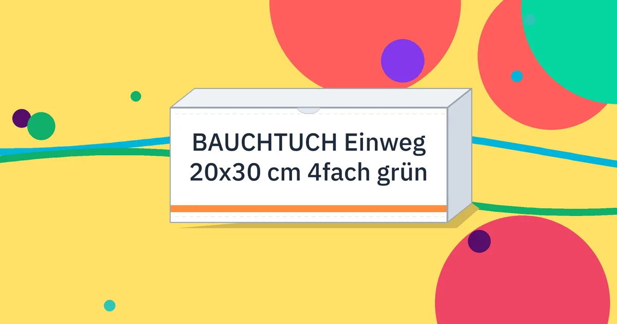 Symbolbild: Packung mit der Aufschrift BAUCHTUCH Einweg 20x30 cm 4fach grün (PZN 07386729) – Verfügbarkeit und Bezug in Apotheken in Frankfurt am Main
