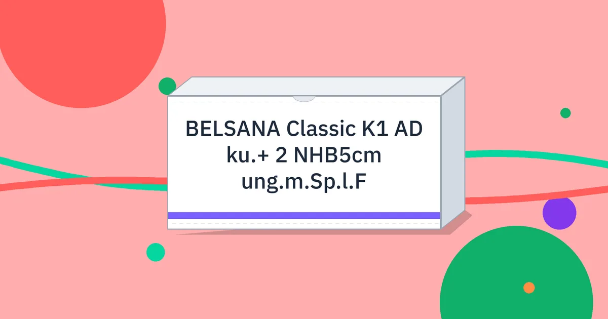 Symbolbild: Packung mit der Aufschrift BELSANA Classic K1 AD ku.+ 2 NHB5cm ung.m.Sp.l.F (PZN 19255234) – Verfügbarkeit und Bezug in Apotheken in Frankfurt am Main