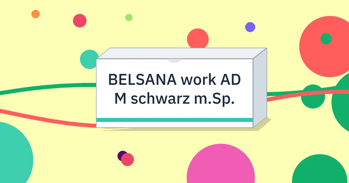 Symbolbild: Packung mit der Aufschrift BELSANA work AD M schwarz m.Sp. (PZN 16219769) – Verfügbarkeit und Bezug in Apotheken in Frankfurt am Main
