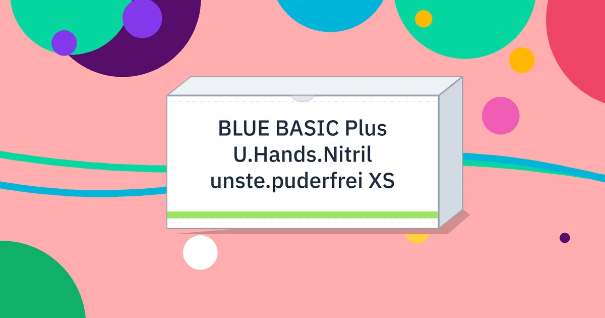 Symbolbild: Packung mit der Aufschrift BLUE BASIC Plus U.Hands.Nitril unste.puderfrei XS (PZN 15577716) – Verfügbarkeit und Bezug in Apotheken in Frankfurt am Main